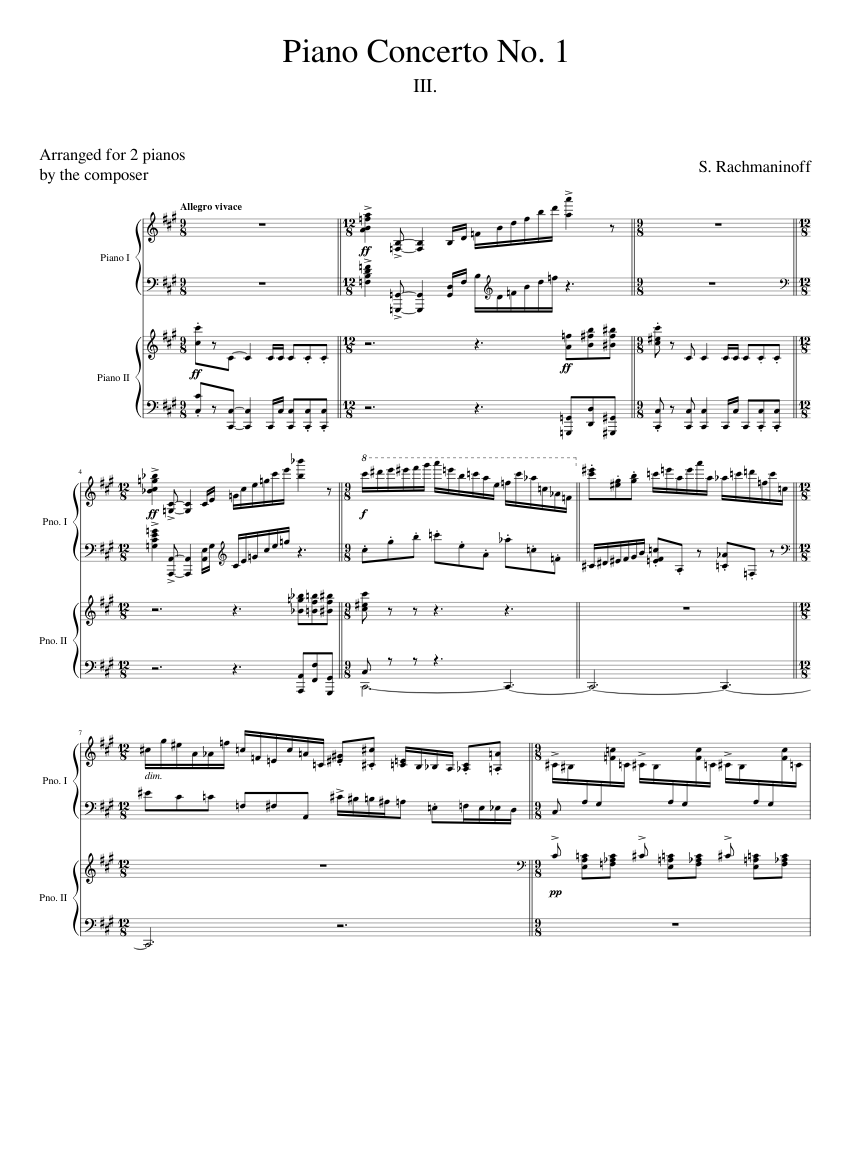 Rachmaninoff Piano Concerto No. 1, 3rd movement (Arr. for 2 pianos) Sheet music for Piano (Piano ...