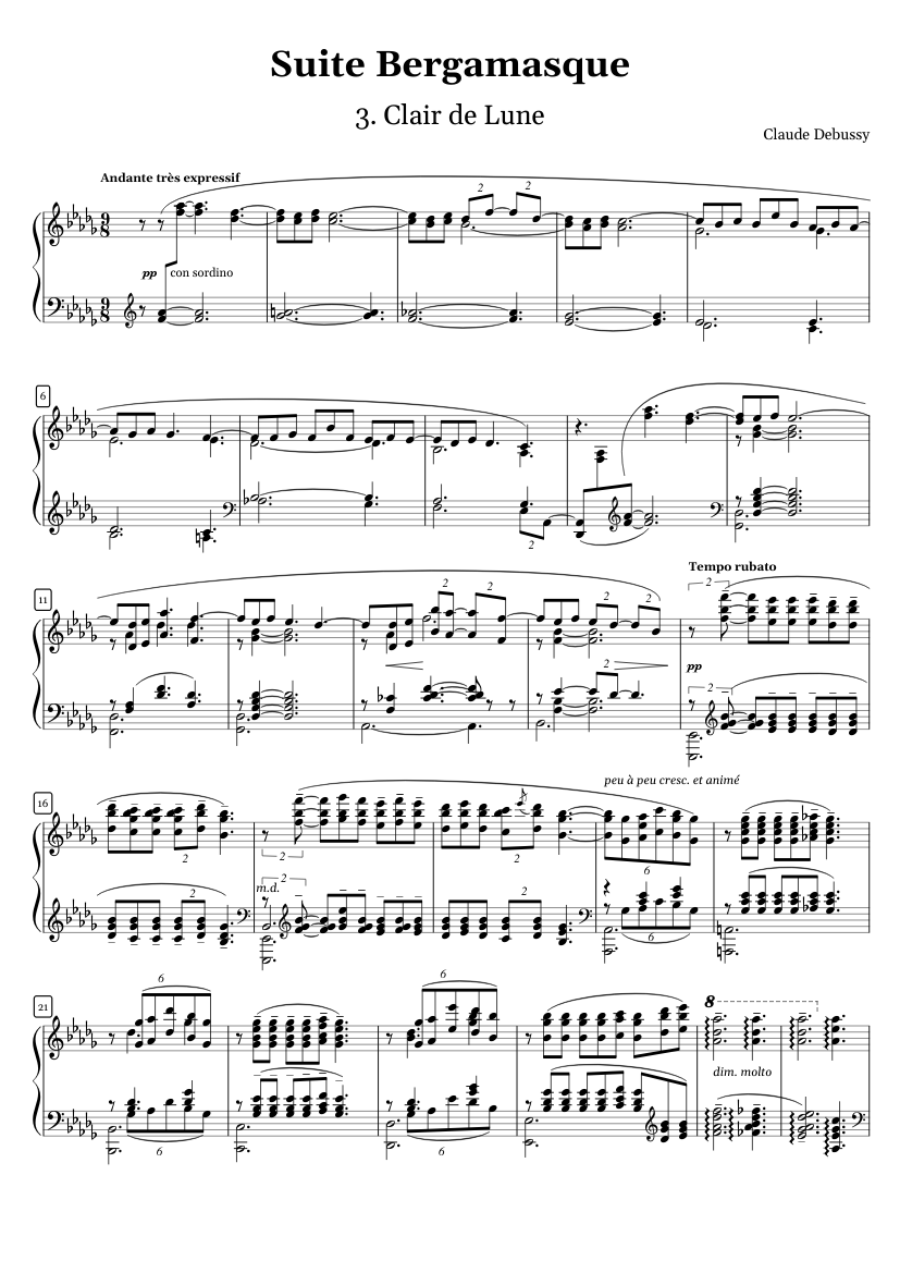 Debussy - Clair de Lune (Suite Bergamasque No. 3) Sheet Music for Piano ...