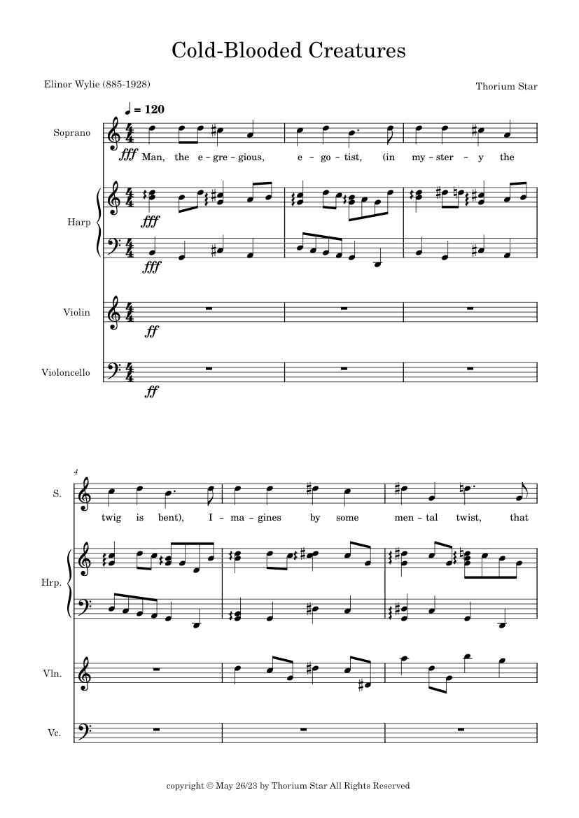 Cold-Blooded Creatures Sheet music for Soprano, Violin, Cello, Harp ...