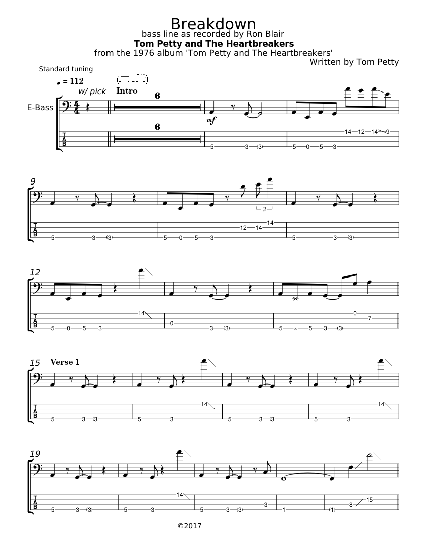 Breakdown - Tom Petty and The Heartbreakers Sheet Music and Tab for Bass guitar (Mixed Duet ...