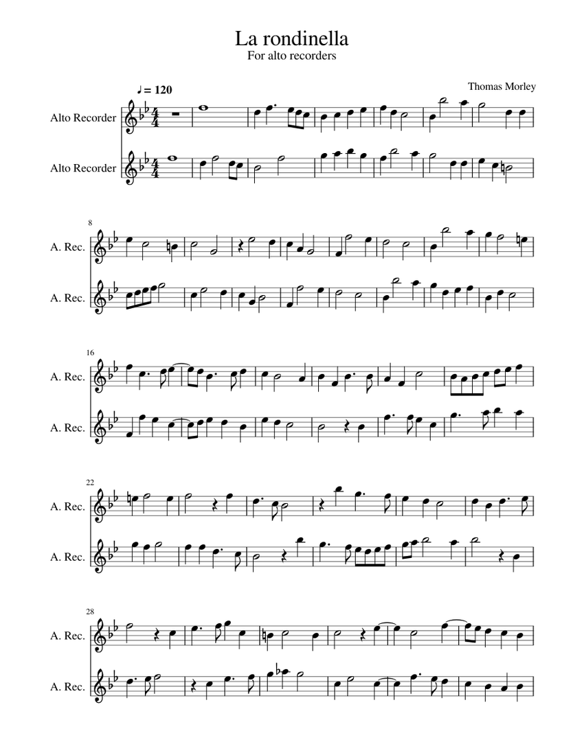 Thomas Morley - La Rondinella, for alto recorders Sheet music for ...