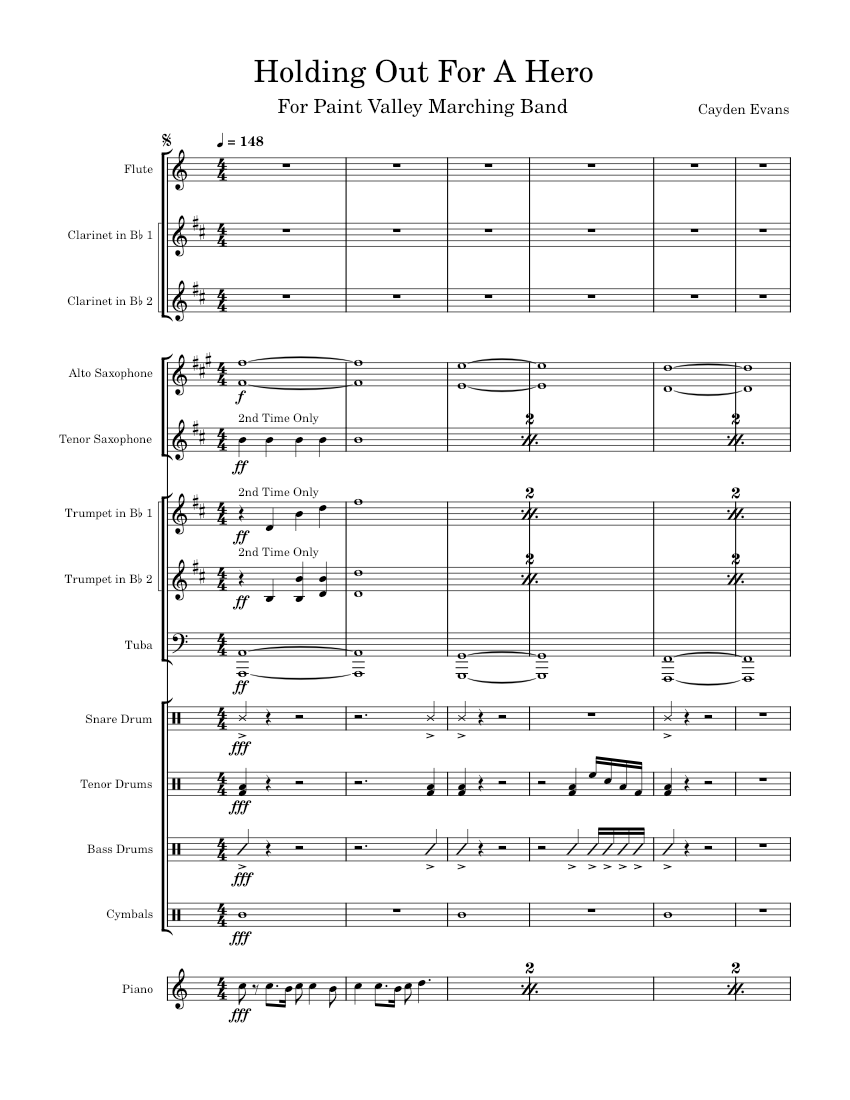 Holding Out For a Hero Sheet Music for Piano, Tuba, Flute, Saxophone ...