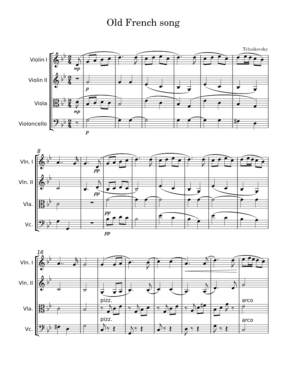 Old french song - Pyotr Ilyich Tchaikovsky Sheet music for Violin, Viola, Cello (String Quartet ...