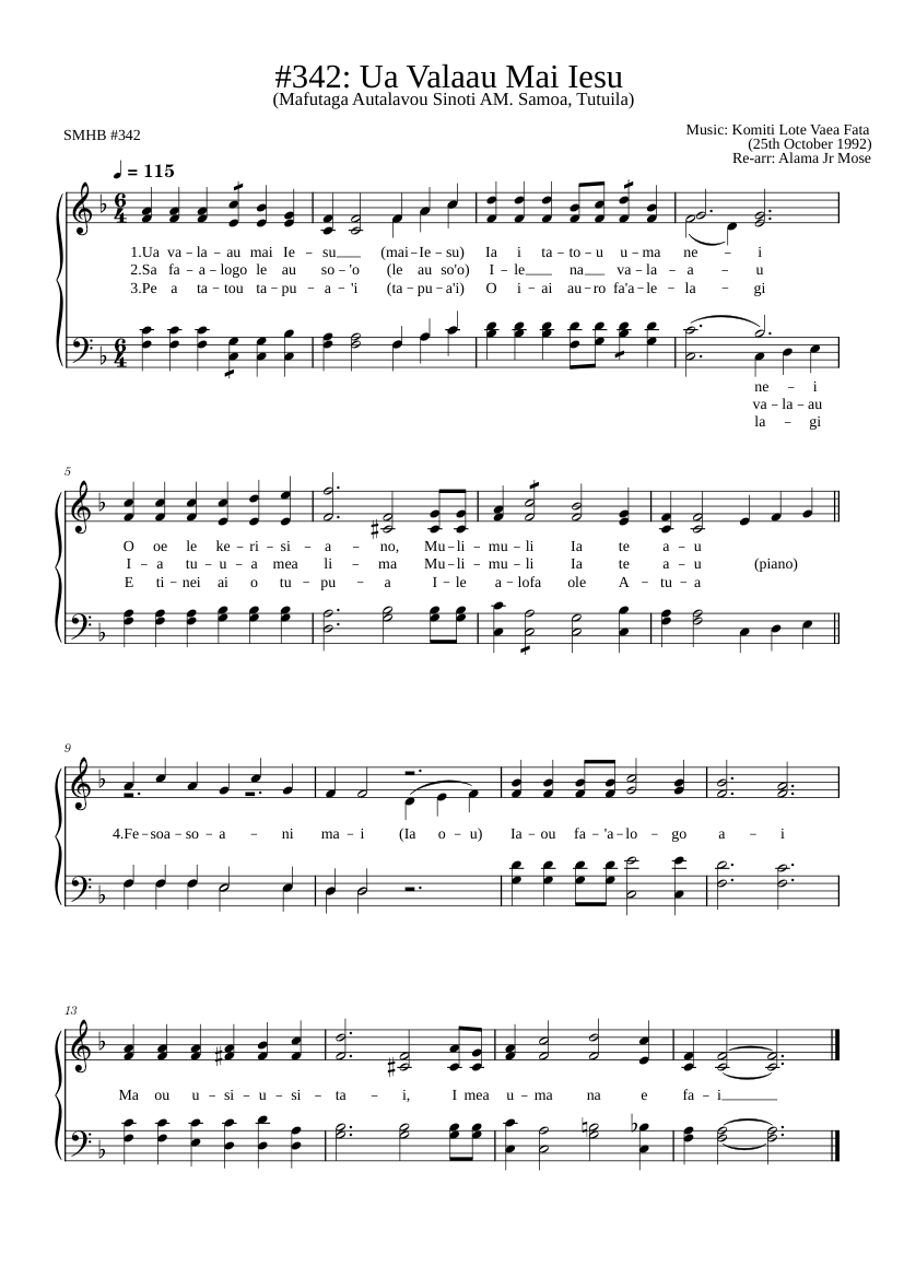 Pese 342 Metotisi Samoa Sheet music for Piano (Solo) Easy | Musescore.com