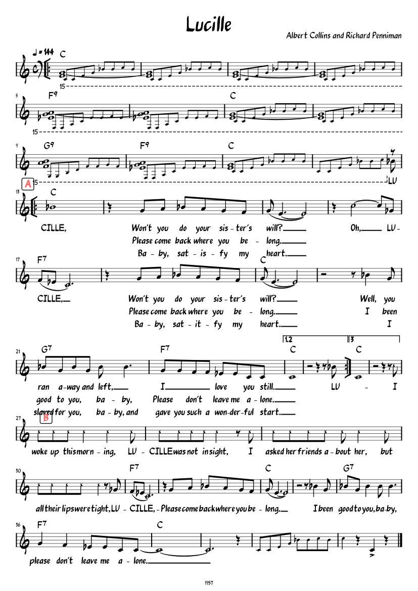 Lucille (Little Richard) (Lead sheet with lyrics and bass line) Sheet ...