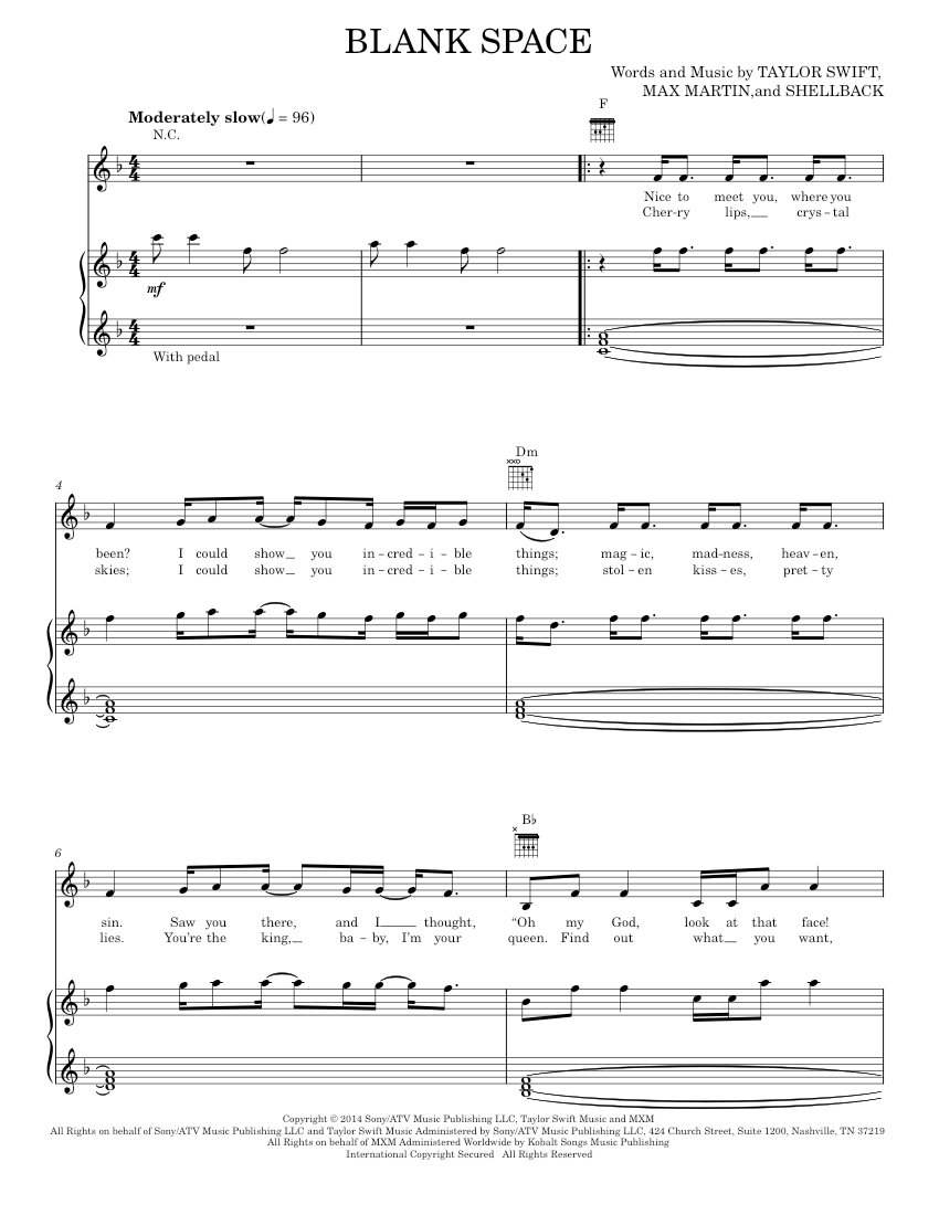 Play Official version of Blank space sheet music by Taylor Swift for ...