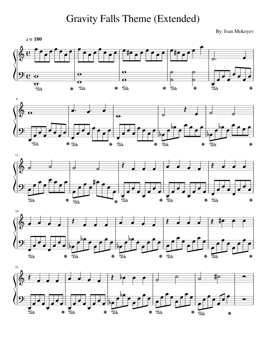 Gravity Falls Extended Theme Sheet Music for Piano (Solo) Easy ...