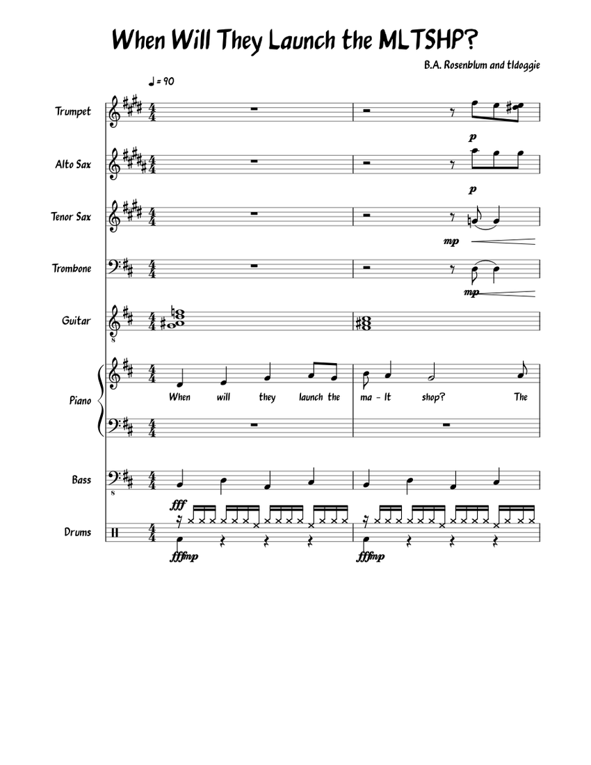 When Will They Launch the MLTSHP? Sheet music for Piano, Trumpet (In B Flat), Trombone, Drum ...