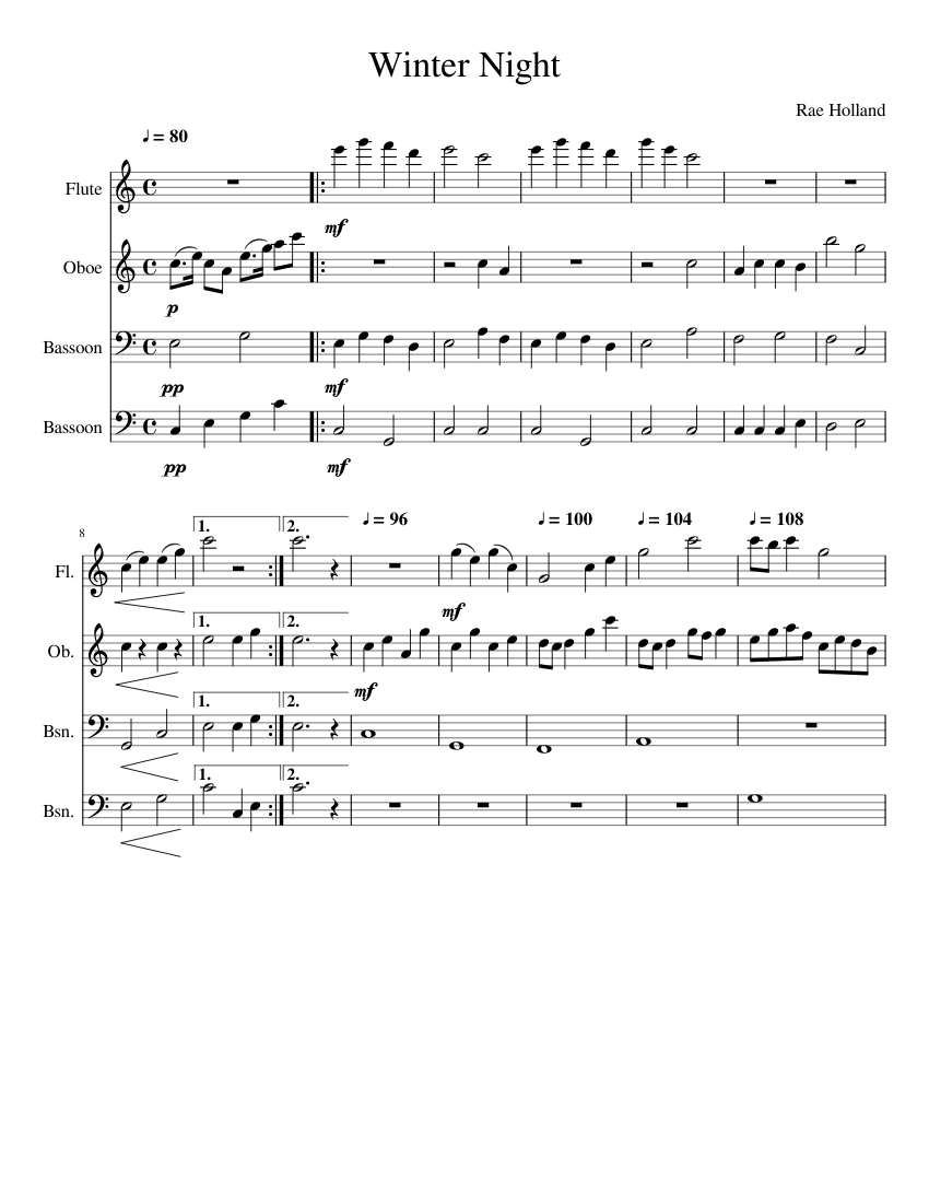 Winter Night Sheet music for Flute, Oboe, Bassoon (Mixed Quartet ...