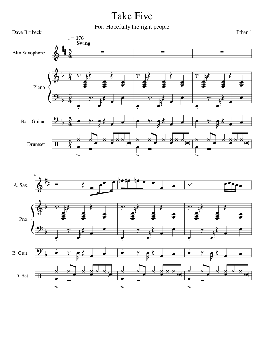 Take Five Sheet music for Piano, Saxophone alto, Bass guitar, Drum ...