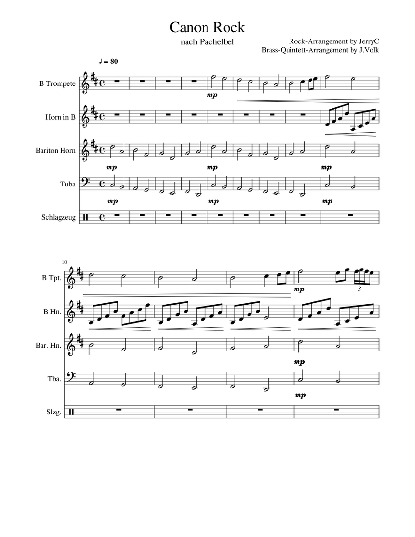 Canon Rock Sheet music for Tuba, Trumpet in b-flat, Drum group, Baritone horn & more instruments ...