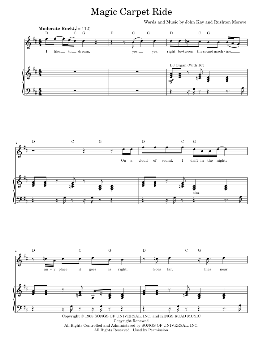 Play Official version of Magic carpet ride Sheet Music by Steppenwolf ...
