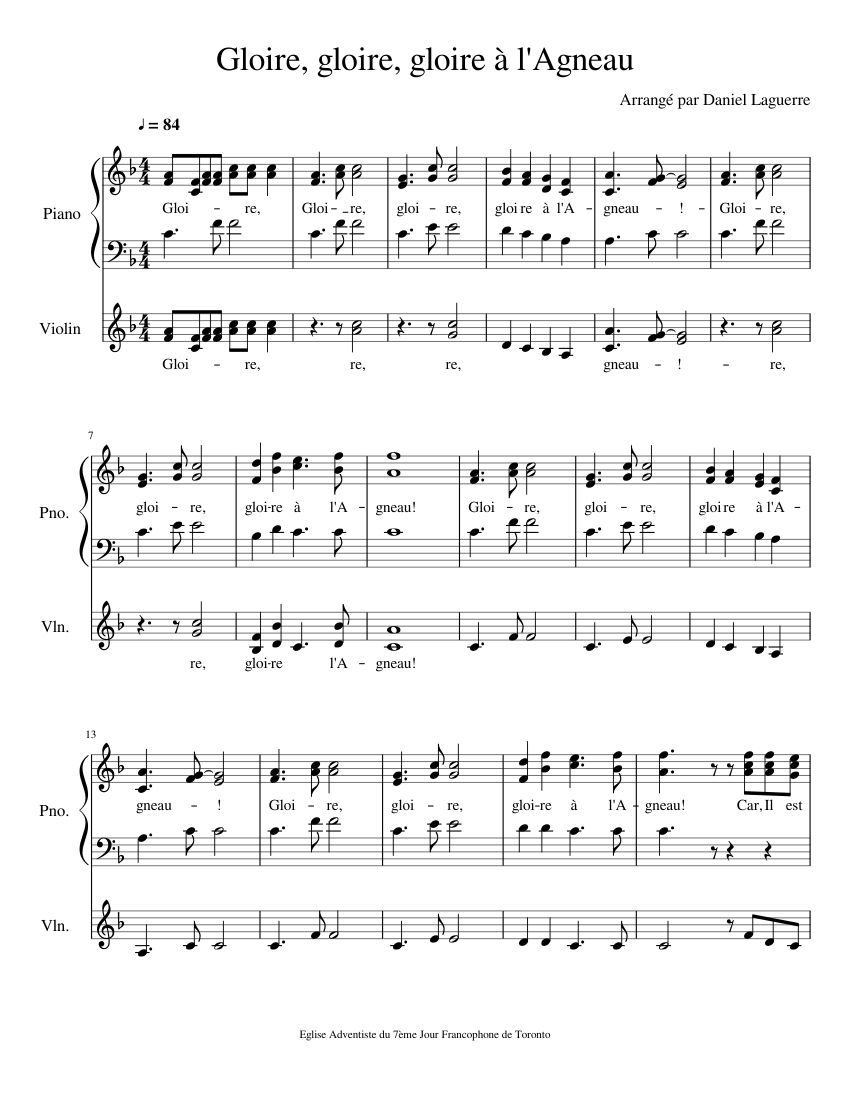 Gloire, gloire, gloire à l'Agneau Sheet music for Piano, Vocals, Snare drum, Crash & more ...