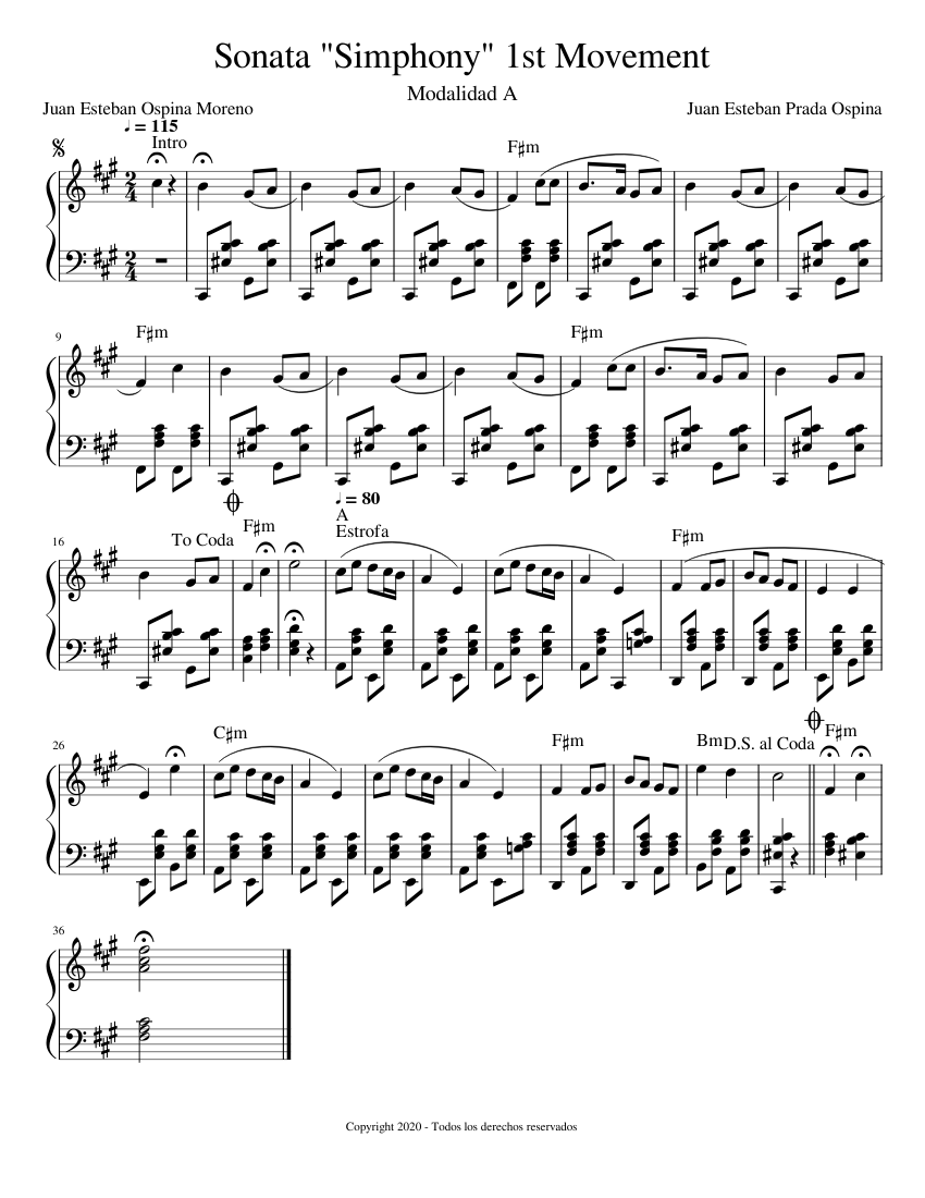Sonata Simphony 1st Movement In A Frigio Sheet music for Piano (Solo ...