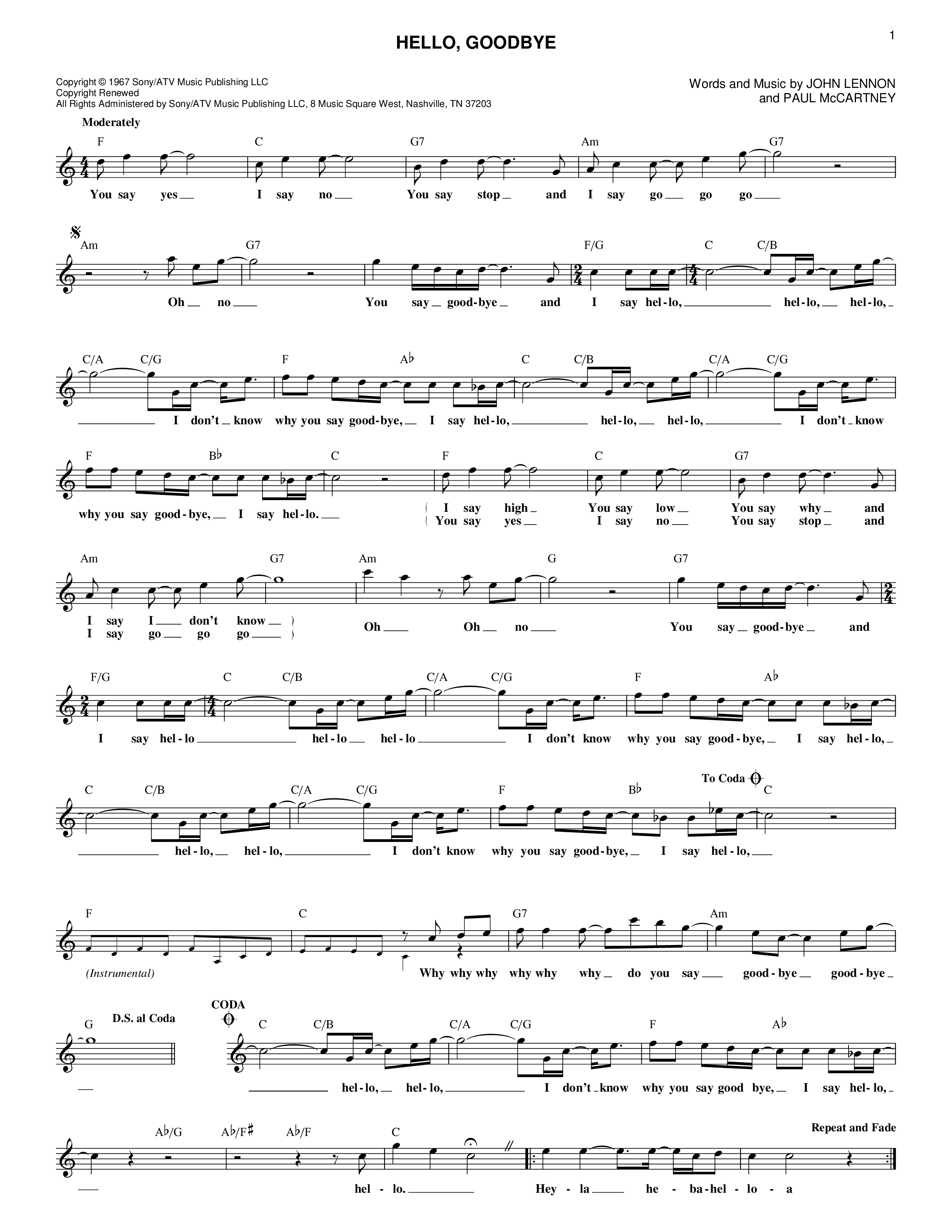Play Official version of Hello, Goodbye sheet music by The Beatles for ...