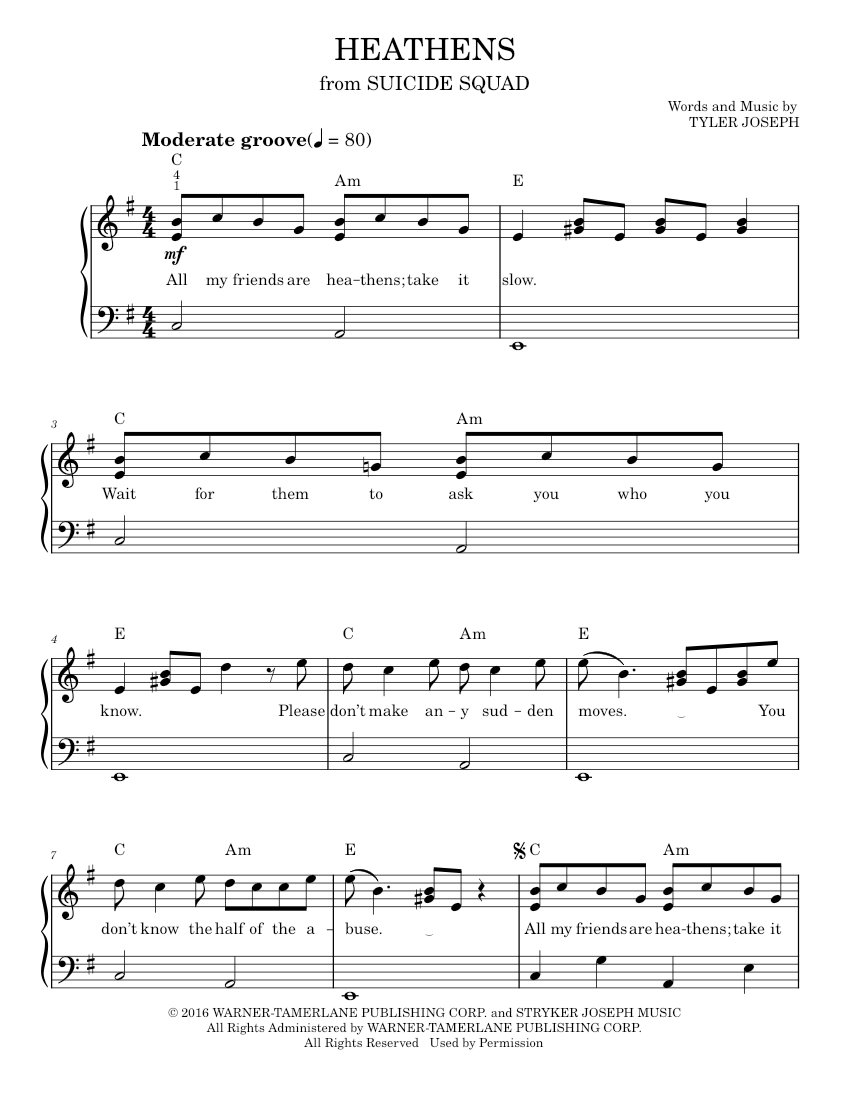 Play Official version of Heathens Sheet Music by Twenty One Pilots for ...