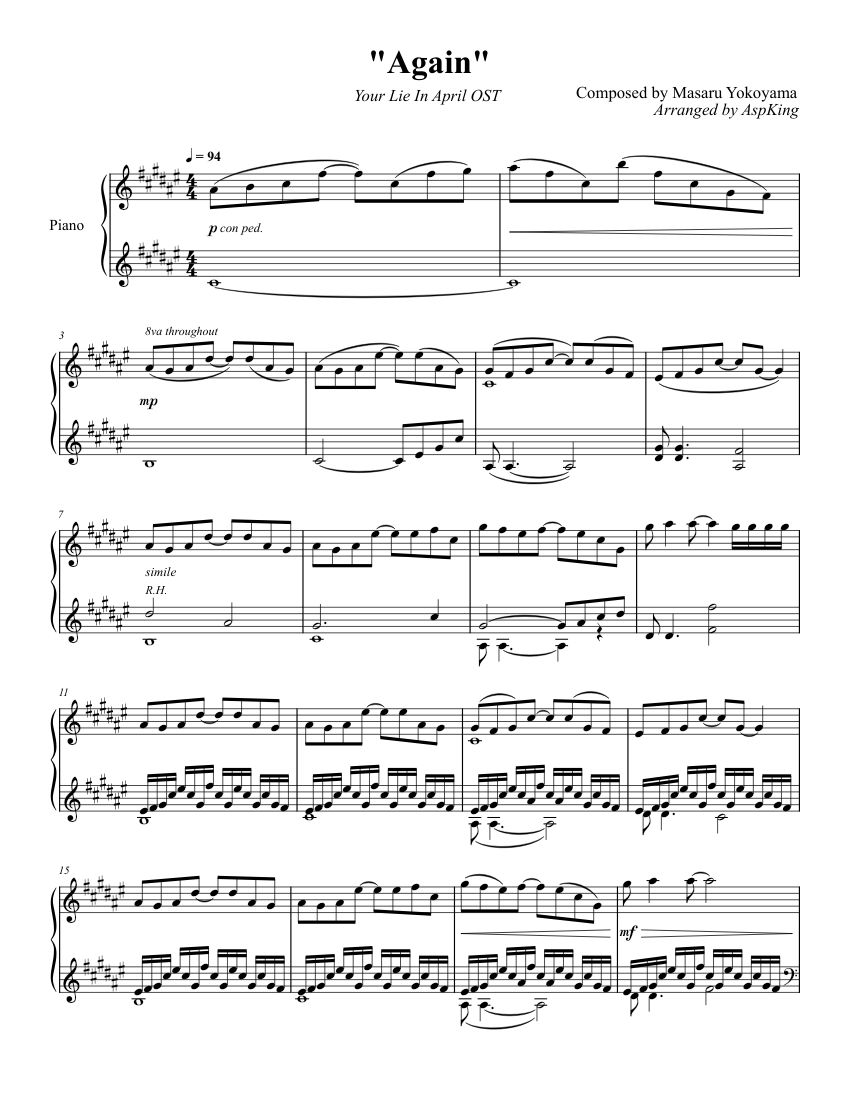 Again – Masaru Yokoyama - Your Lie in April OST Sheet music for Piano ...