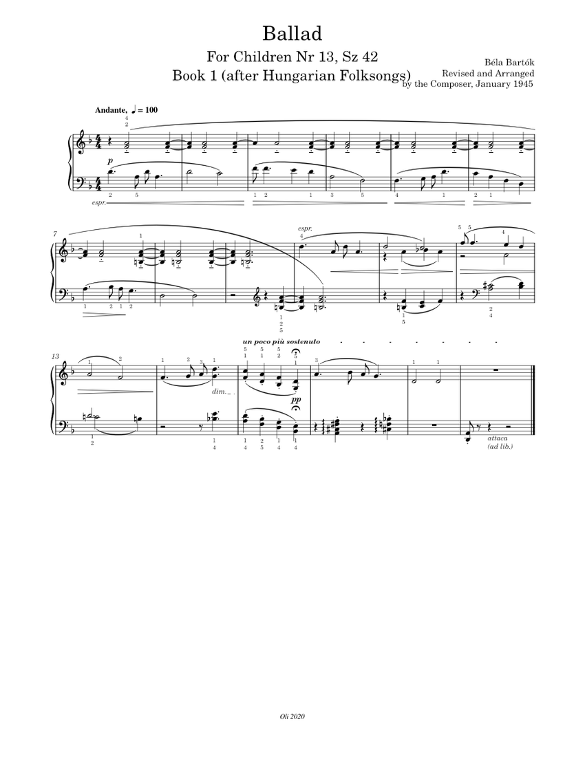B. Bartok, For Children, Vol. 1, Nr.13 Ballad, SZ42 Sheet music for ...