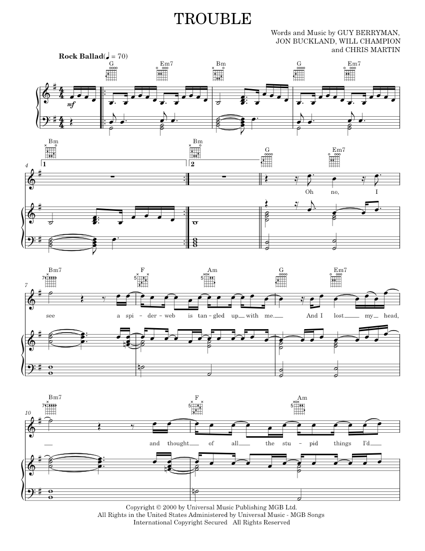 Play Official version of Trouble Sheet Music by Coldplay for Piano ...