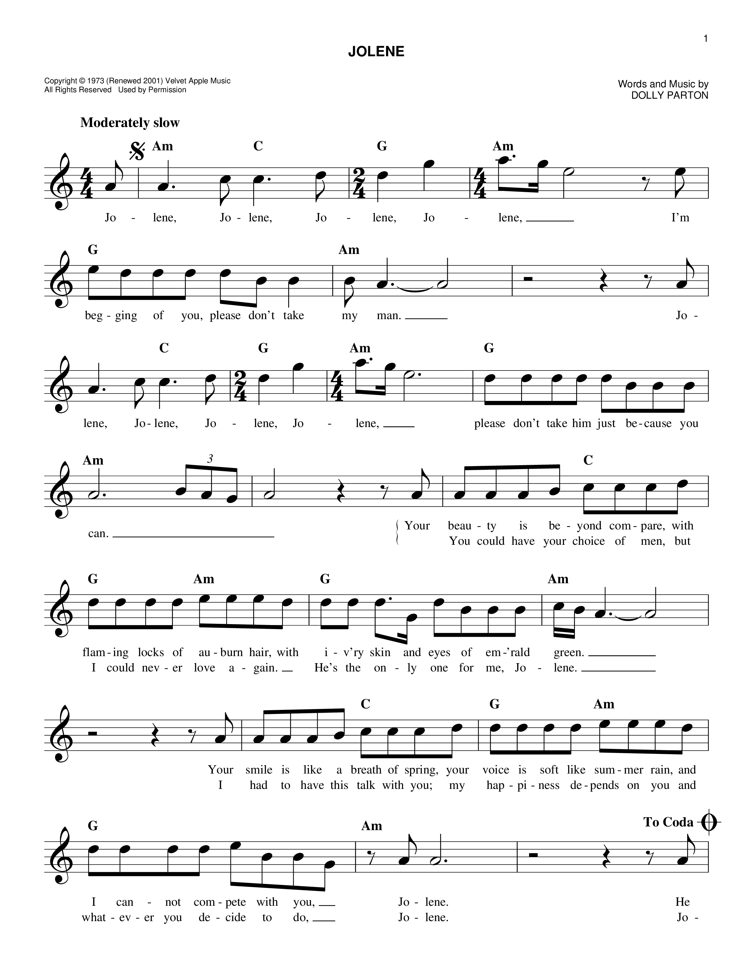 Play Official version of Jolene Sheet Music by Dolly Parton for Piano ...