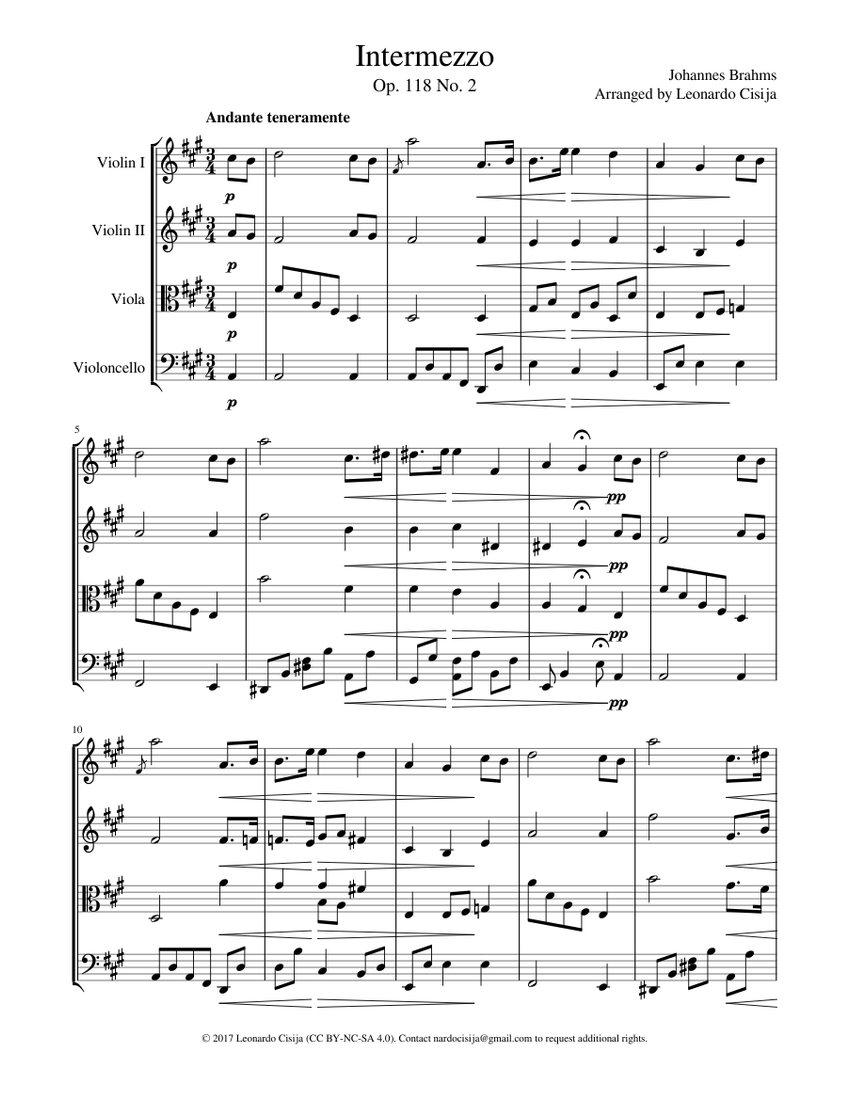 Brahms – Intermezzo Op. 118 No. 2 (A Major) [String Quartet Arrangement ...