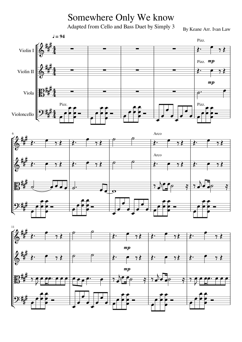 Somewhere Only We Know Sheet music for Violin, Viola, Cello (String Quartet) | Musescore.com