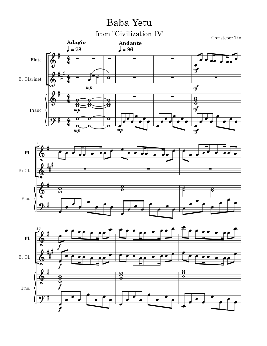 Baba Yetu – Christoper Tin Sheet music for Piano, Flute, Clarinet in b-flat (Mixed Trio ...