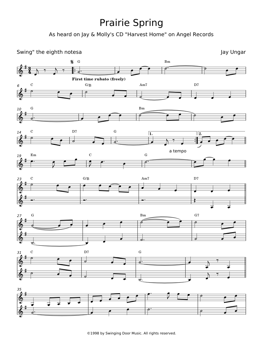 Prairie Spring - Jay Ungar Sheet Music with Chords for Piano (Piano Duo) | MuseScore.com