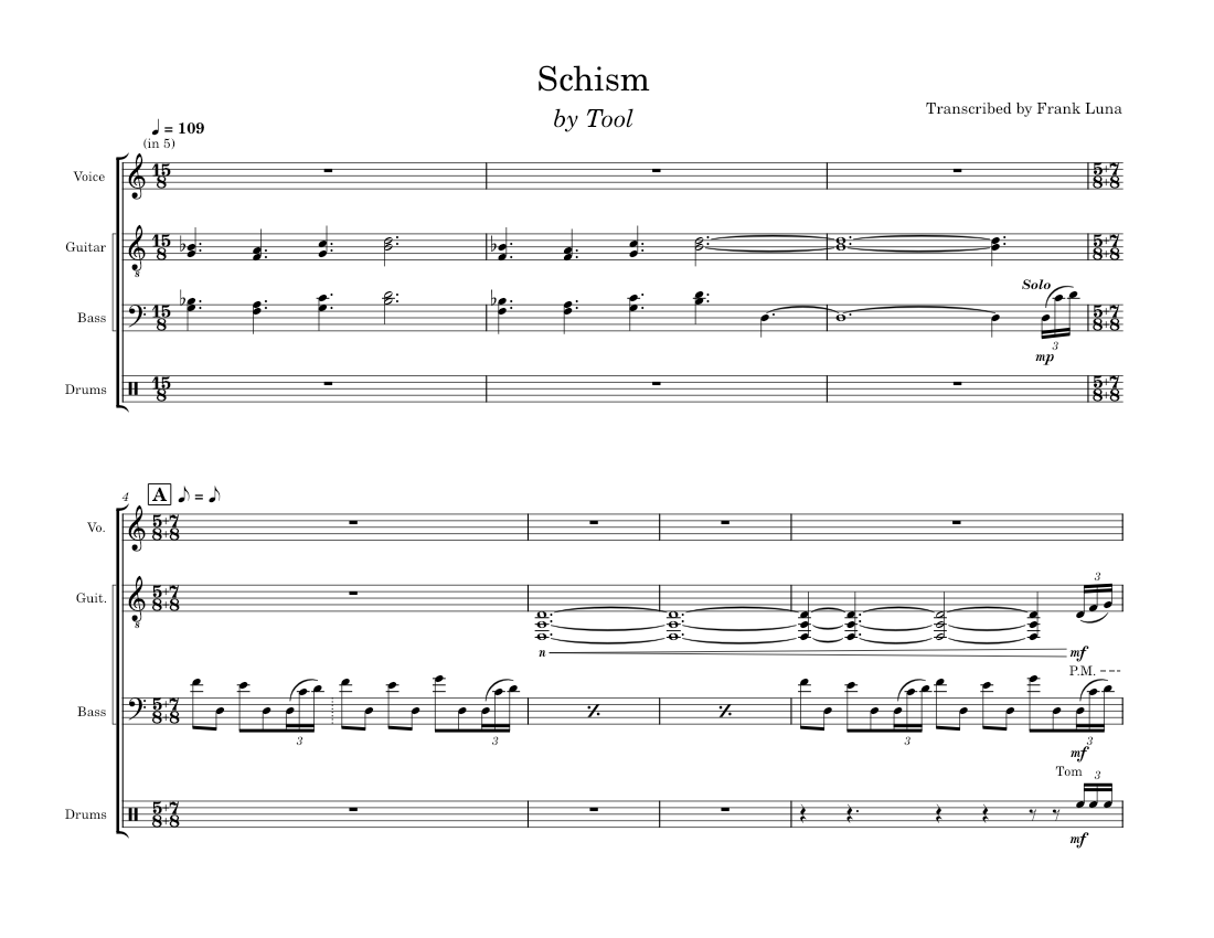 Schism - TOOL Sheet Music for Guitar, Bass guitar, Drum group, Voice ...