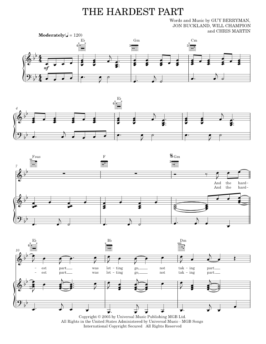 Play Official version of The hardest part Sheet Music by Coldplay for ...