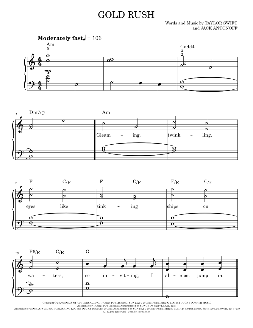 Play Official version of Gold Rush sheet music by Taylor Swift for ...