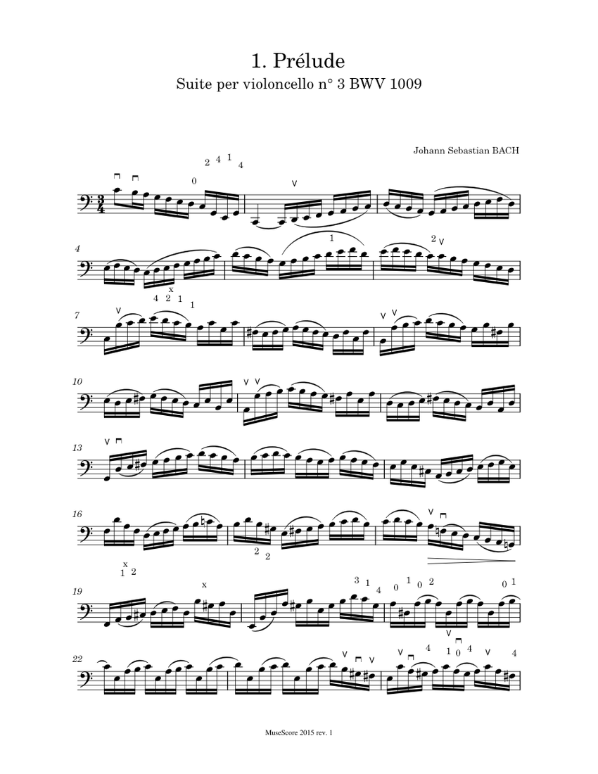 J. S. Bach - Cello Suite n° 3 BWV 1009 - 1. Prélude Sheet music for ...