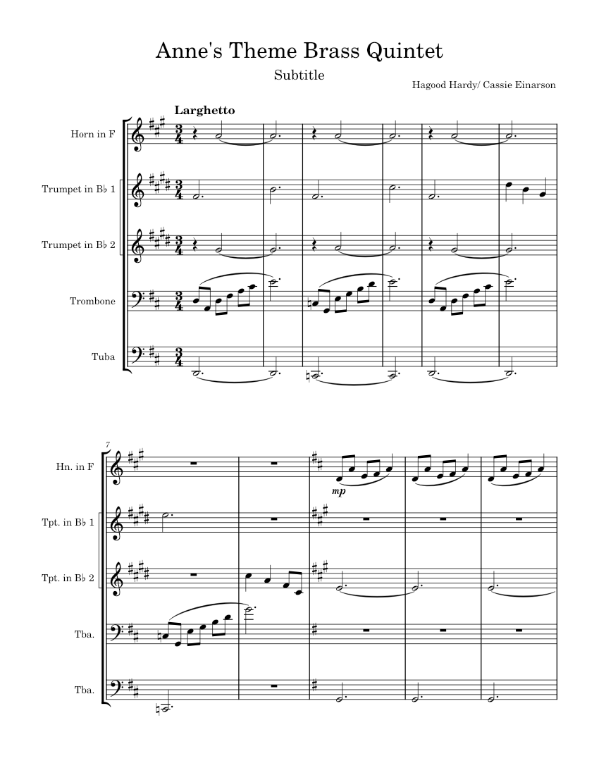 Anne's Theme – Hagood Hardy Sheet Music for Trombone, Tuba, French horn ...