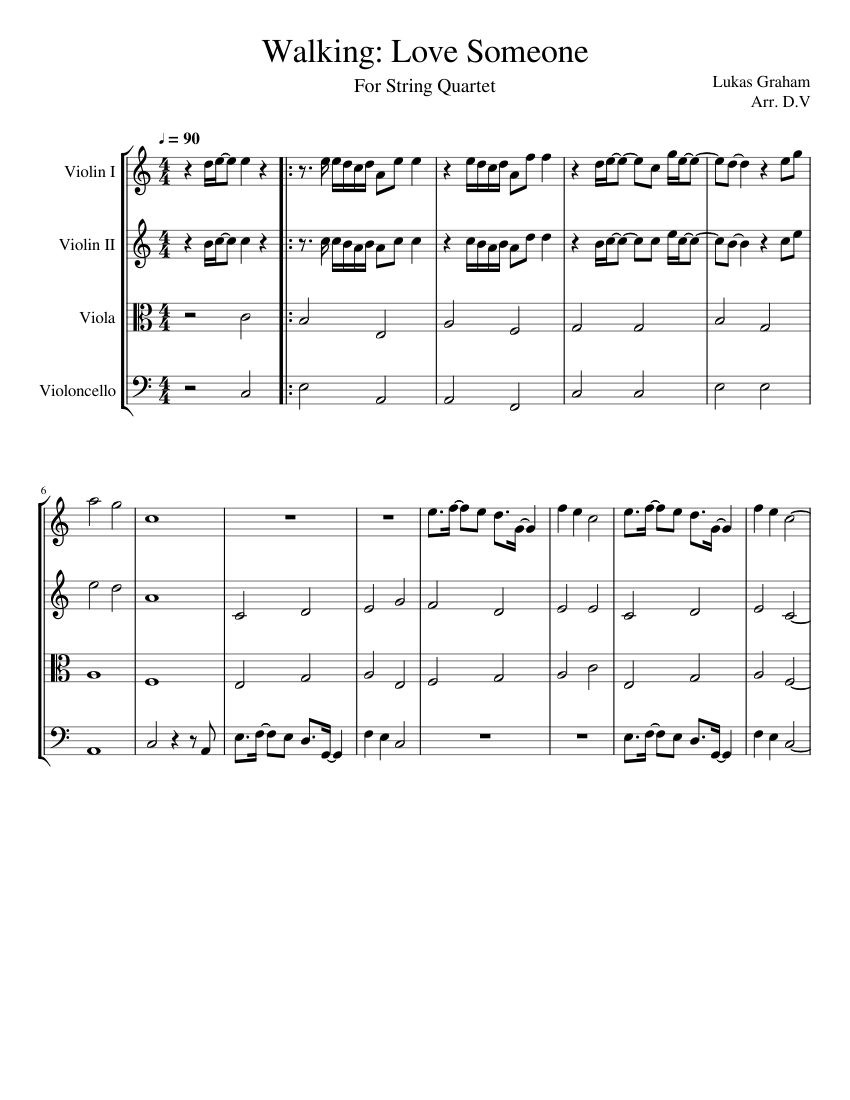 Walking: Love someone/Lukas Graham Sheet music for Violin, Viola, Cello (String Quartet ...
