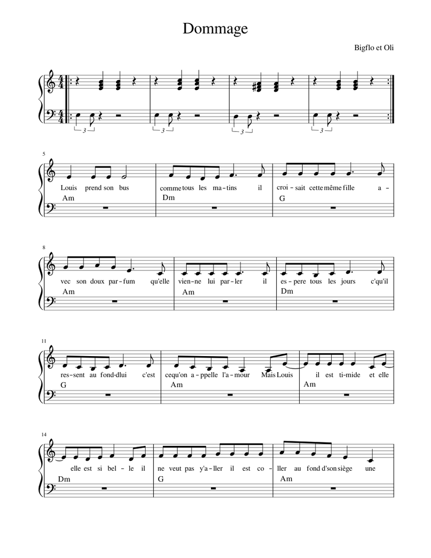 Dommage Bigflo et Oli Sheet music for Piano (Solo) Easy | Musescore.com