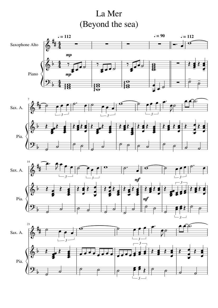 La Mer (Beyond the sea) Sheet Music for Piano, Saxophone alto (Solo ...