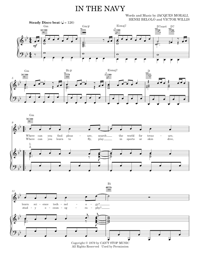 in the navy Sheet music for Piano, Vocals by Village People: Music ...