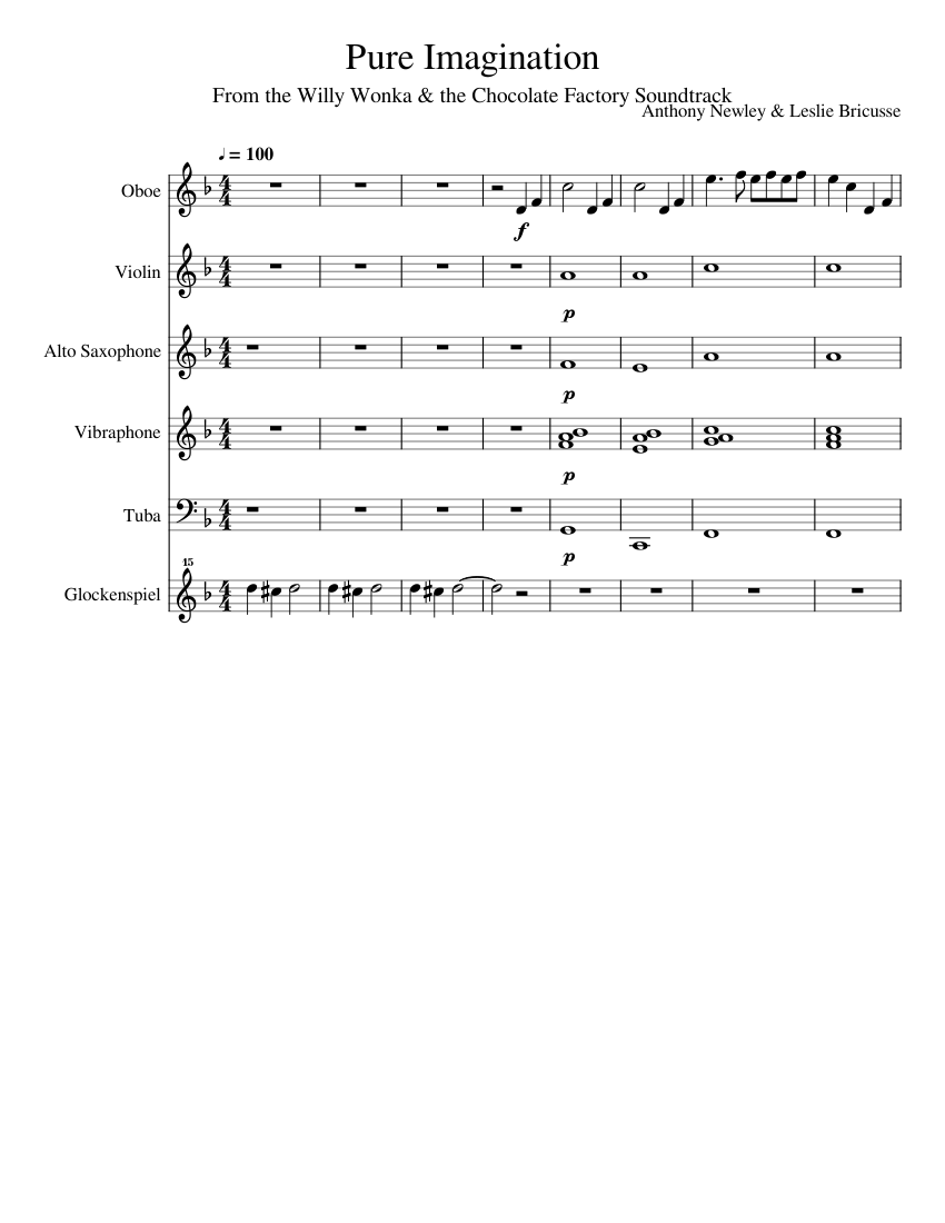 Pure Imagination Sheet music for Tuba, Oboe, Saxophone alto, Vibraphone ...