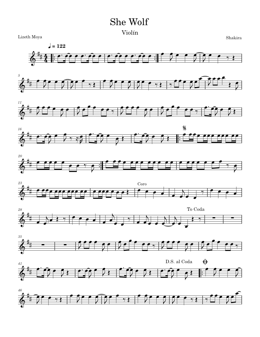 She wolf – Shakira She Wolf - Shakira Sheet Music for Violin (Solo ...
