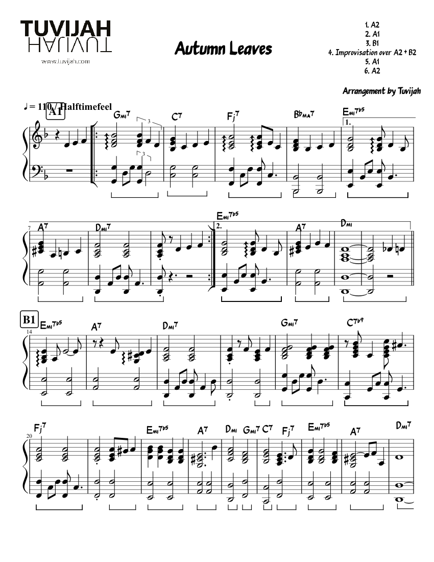 Autumn Leaves (Arrangement) Sheet Music with Chords for Piano (Solo ...