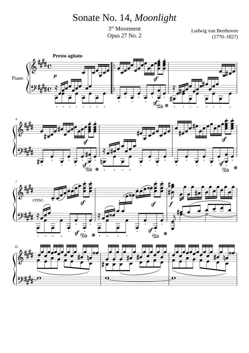 Sonate No. 14, “Moonlight” 3rd Movement Sheet Music for Piano (Solo ...