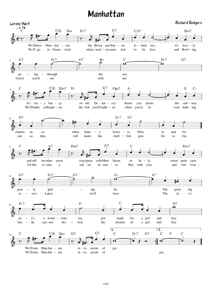 Manhattan (Lead sheet with lyrics ) Sheet music for Voice (other) (Solo ...