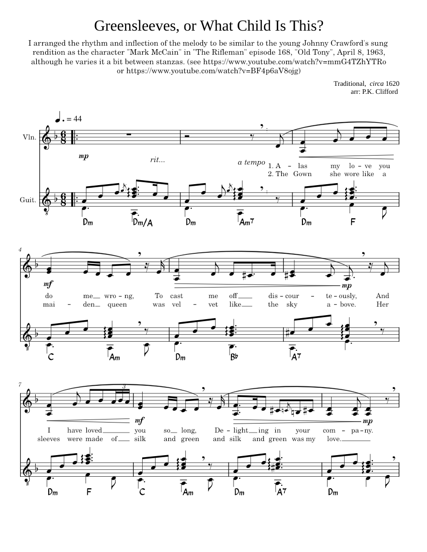 Greensleeves, or What Child Is This Sheet music for Violin, Guitar ...