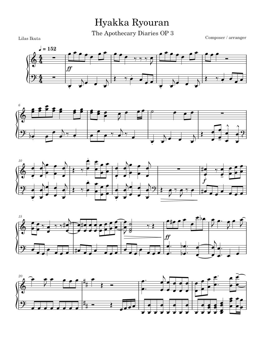 Hyakka Ryouran – Lilas Ikuta (Apothecary Diaries OP 3) Sheet Music for ...