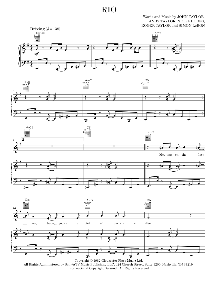 rio Sheet music for Piano, Vocals by Duran Duran Official | MuseScore.com