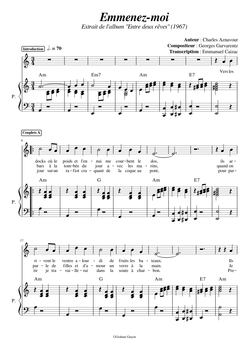 Emmenez-moi – Charles Aznavour Sheet Music with Chords for Piano (Piano ...