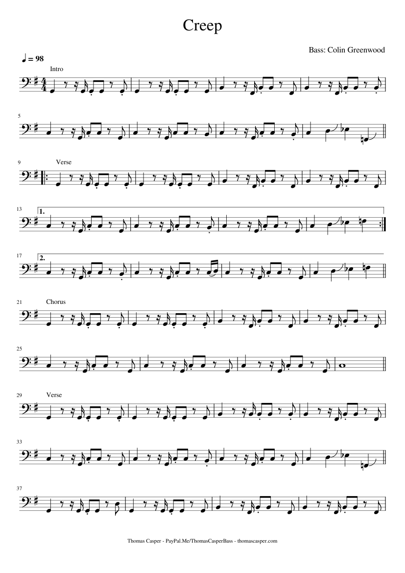 Creep - Bass Transcription Sheet Music for Bass guitar (Solo ...