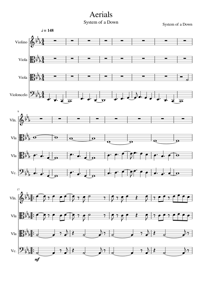 Aerials Sheet Music for Violin, Viola, Cello (Mixed Quartet ...