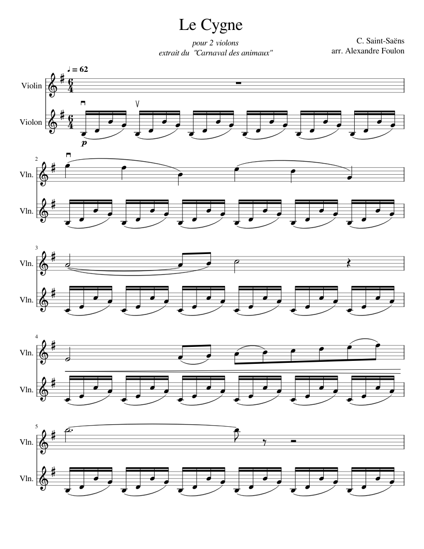 Saint-Saens Le Cygne Violin Sheet music for Violin (String Duet) | Musescore.com