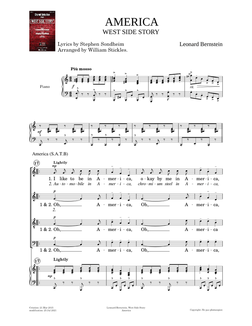 West Side Story, America - Leonard Bernstein Sheet music for Piano ...